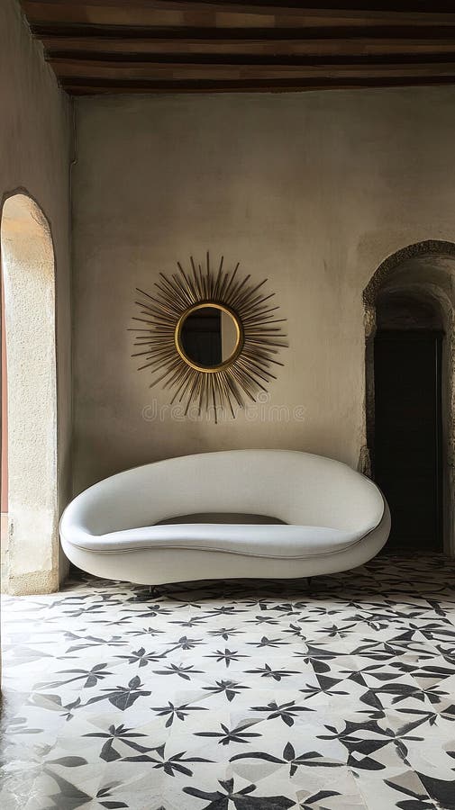 A Lounge with a Curved Sofa Patterned Rug and a Bold Sunburst Mirror ... A Lounge with a Curved Sofa Patterned Rug and a Bold Sunburst Mirror ...