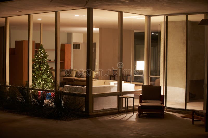 Lounge Decorated for Christmas Viewed from Outside Stock Image - Image ...