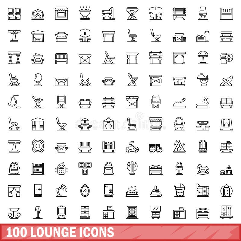 100 Lounge Icons Set, Outline Style Stock Vector - Illustration of deck ...