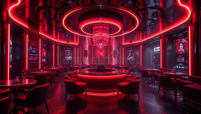 Lounge Interior with Circular Bar and Red Neon Lighting Design Stock ...