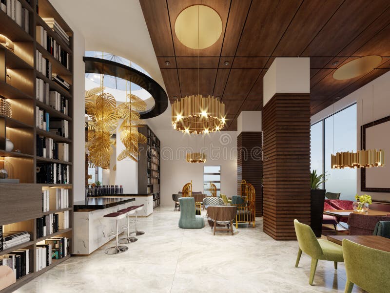 Lounge Library with Modern Style Bar Stock Illustration - Illustration ...