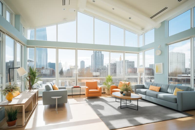 Lounge with Panoramic Windows and Rooftop Park Stock Illustration ...