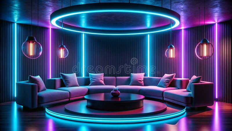 A Lounge Room with Circular Sofas Neon Light Fixtures and a Black Light ...