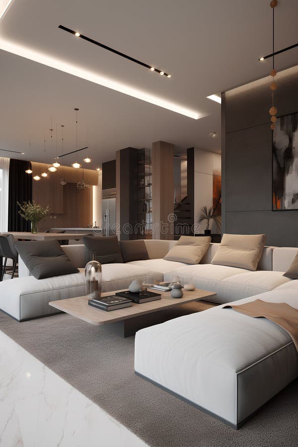 Lounge Style Interior of Living Room in Modern House Stock Illustration ...