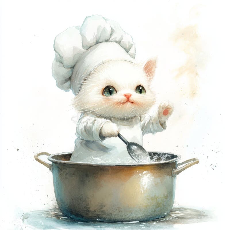 A Lovable Cat Chef is Simmering a Flavorful Soup in a Huge Pot. Stock ...