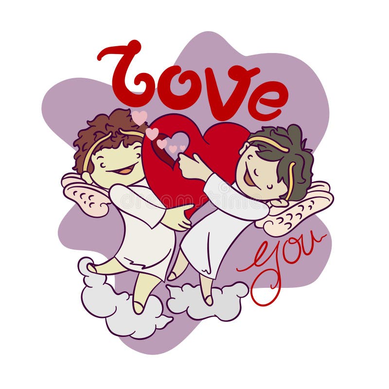 Illustration of Two Cute Cupid with Love and Clouds Stock Vector ...