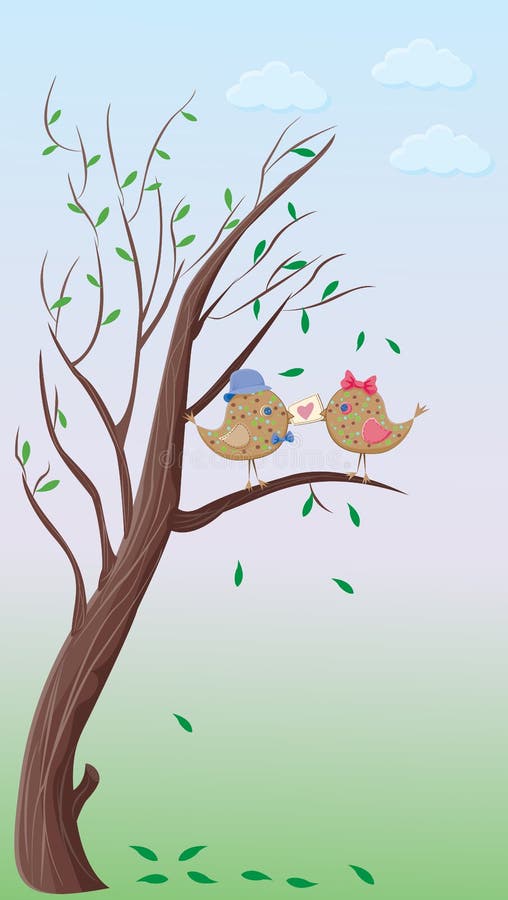Cartoon Love Birds In A Tree