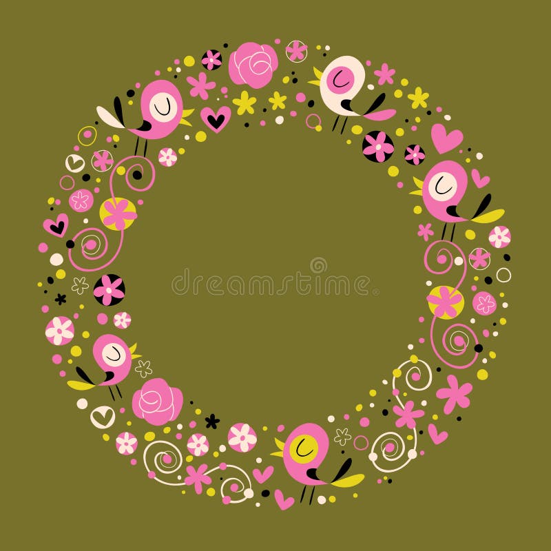 Love Birds and Flowers Nature Circle Frame Border Ornamental Stock ...