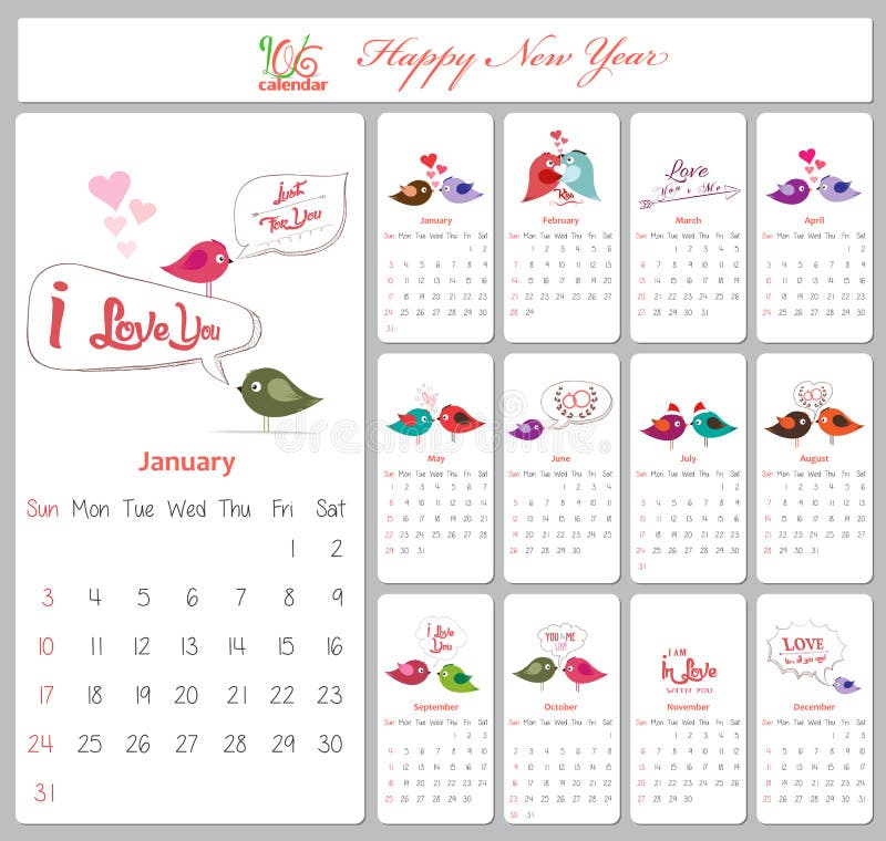 Love Calendar For 2016 With Birds Stock Vector - Illustration of tree ...
