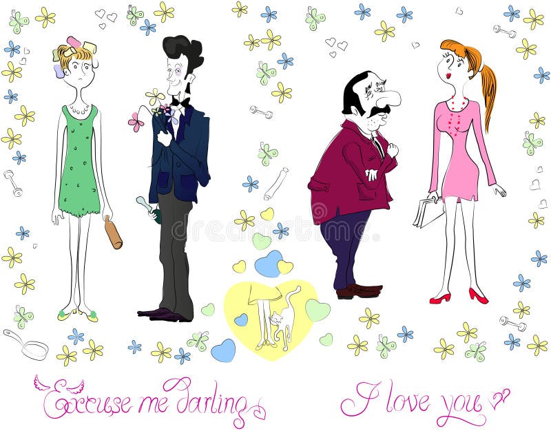 Love Characters, Black and White Line Art Ink Drawing Stock Vector ...