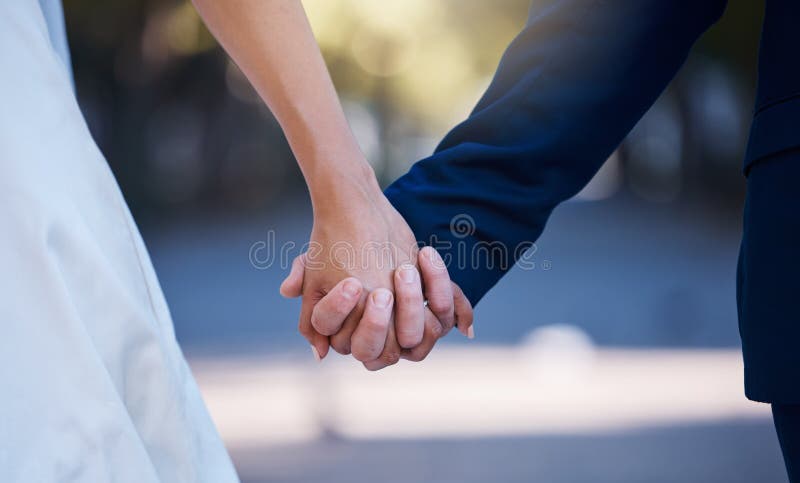 Love Commitment, Wedding and Couple Holding Hands Outdoors for Support ...