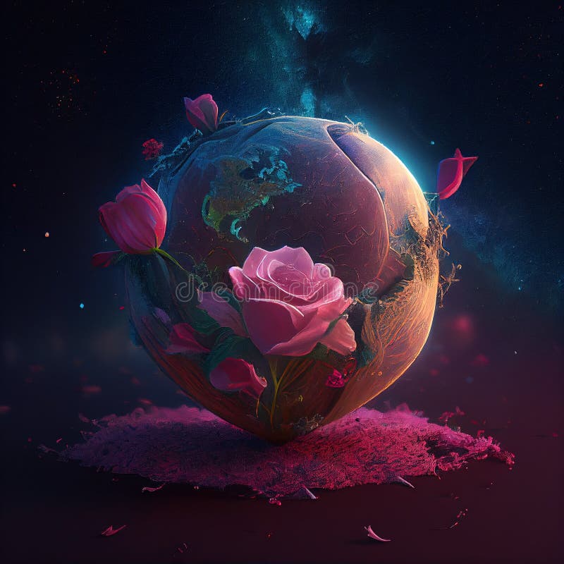 Love Concept Rose on Earth Valentine Day Creative Concept Generative AI Stock Illustration ...