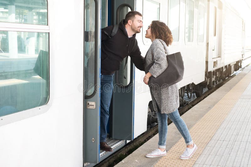 Love Couple Hugging before Leaving on Train Stock Image - Image of ...