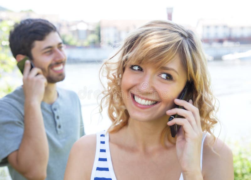 Love Couple Talking on Phone Stock Photo - Image of boyfriend, german ...