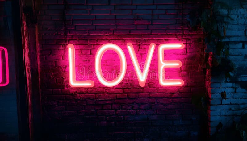 LOVE Glowing Neon Sign on Dark Brick Wall Stock Photo - Image of text ...