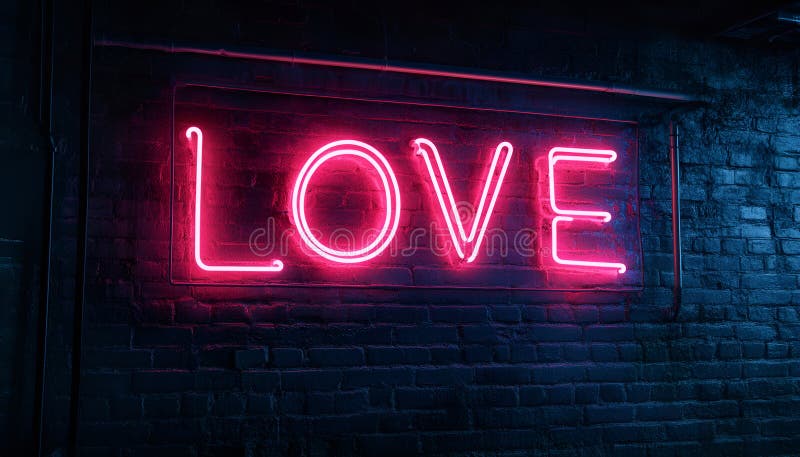 LOVE Glowing Neon Sign on Dark Brick Wall Stock Image - Image of brick ...
