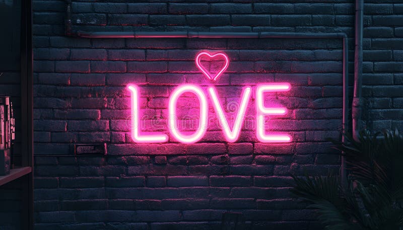LOVE Glowing Neon Sign on Dark Brick Wall Stock Image - Image of heart ...