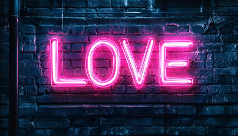 LOVE Glowing Neon Sign on Dark Brick Wall Stock Image - Image of bright ...