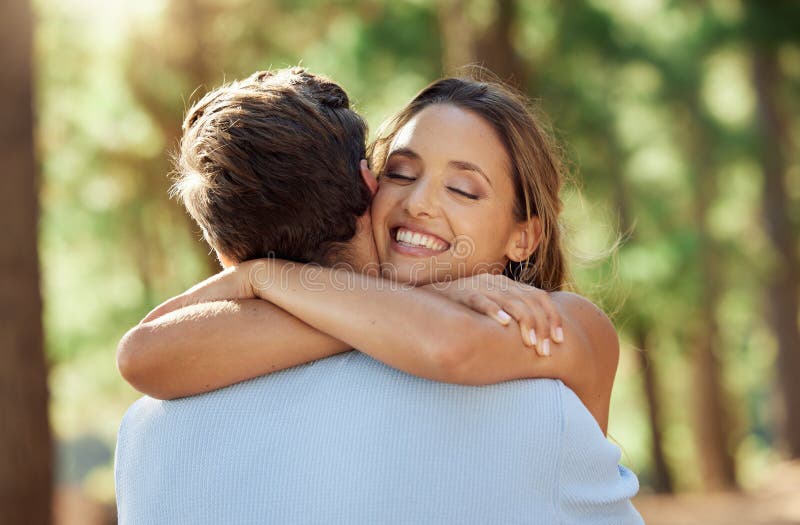 Love Happy And Forest Couple Hug On Outdoor Quality Time Together