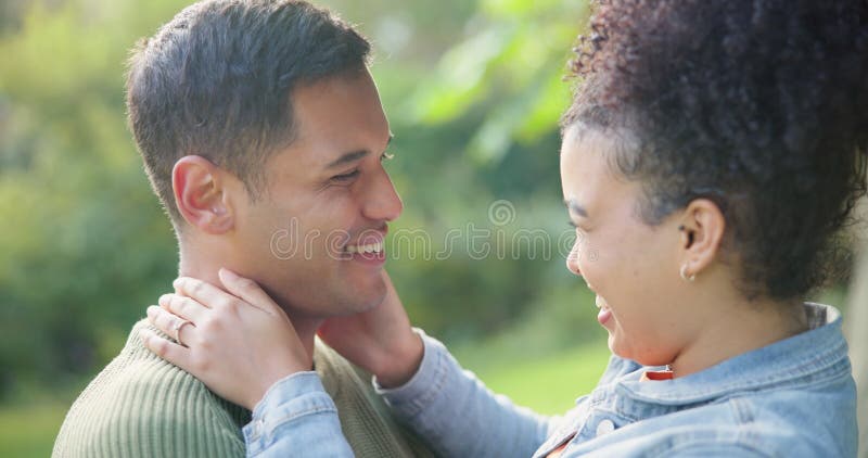 Love Happy And Hug With Couple In Park For Romance Bonding And