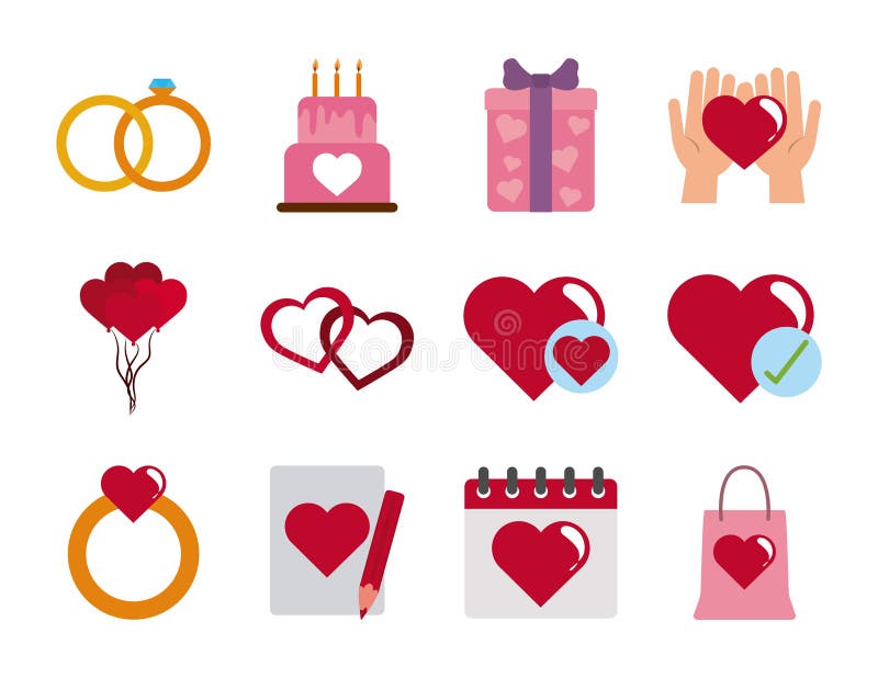 Love Heart Romantic Passion Feeling Message Flat Style Icons Set Stock ...