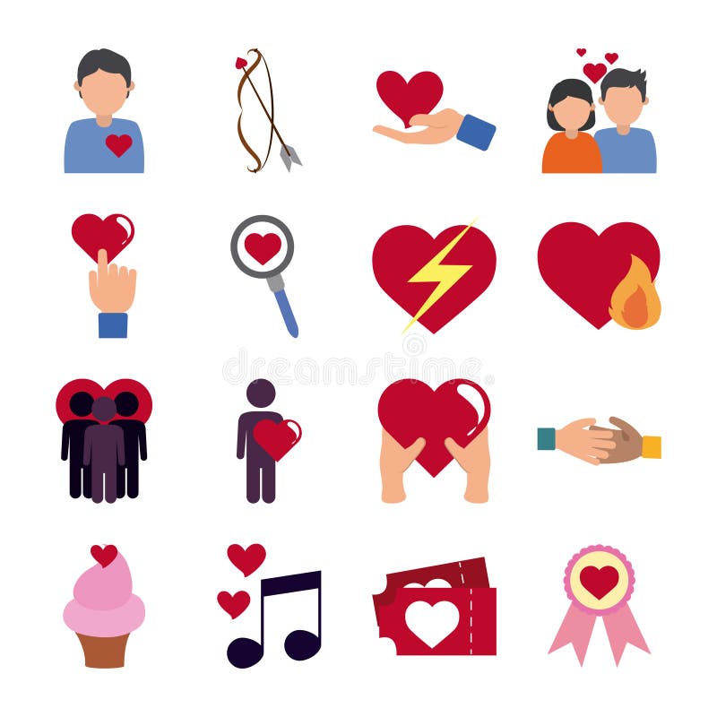 Love Heart Romantic Passion Feeling Message Flat Style Icons Set Stock ...
