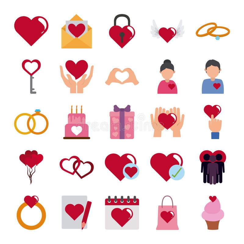 Love Heart Romantic Passion Feeling Message Flat Style Icons Set Stock ...