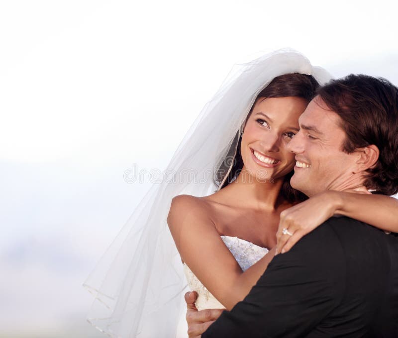Love Hug And Bride With Groom At Wedding For Commitment And Trust