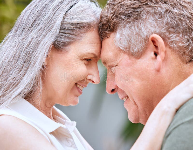 Love Hug Forehead And Senior Couple Bond Smile Or Happy On