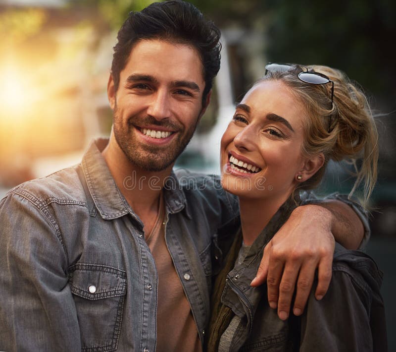 Love Hug And Portrait Of Happy Couple In A Park Form Sunset Date And
