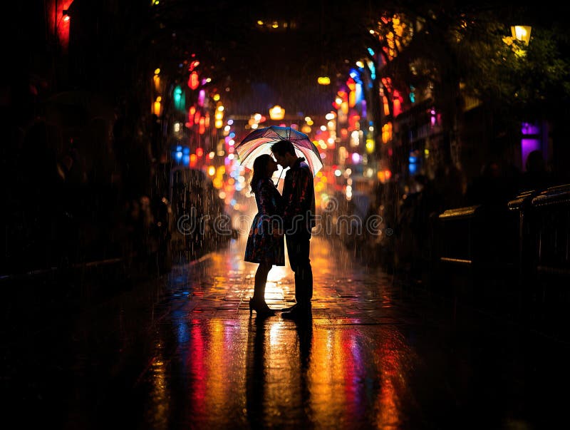 Love Illuminated: Romantic Couple Basks in the Glow of Colorful Lights ...