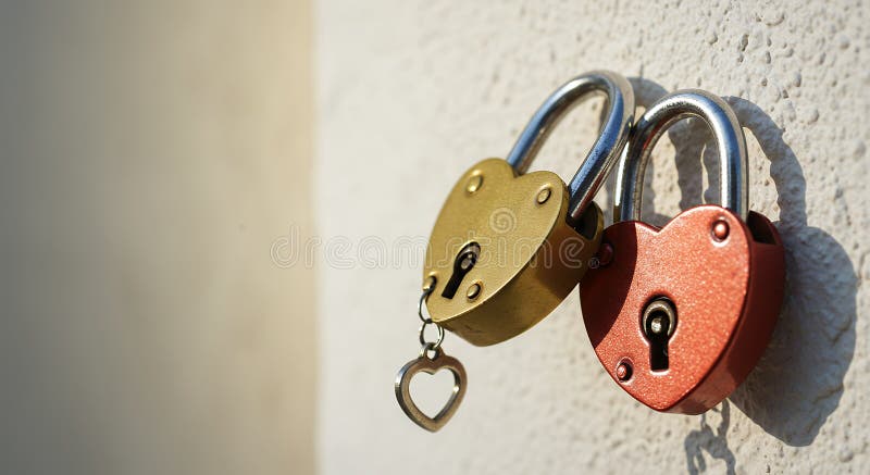 Love Locks: Red & Gold Heart Padlocks on Wall - Romantic Symbolism ...