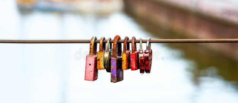 Love Locks on a Wire Rope in a Row. Stock Image - Image of closed ...
