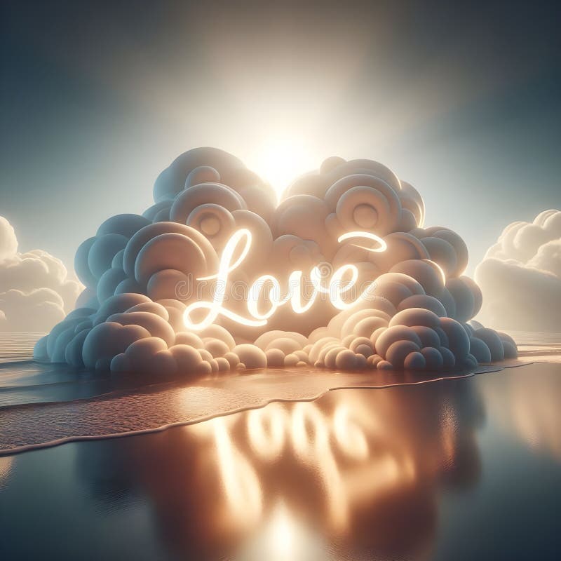 A Love Message Written among White Heart Clouds Set on a Calm Seashore ...