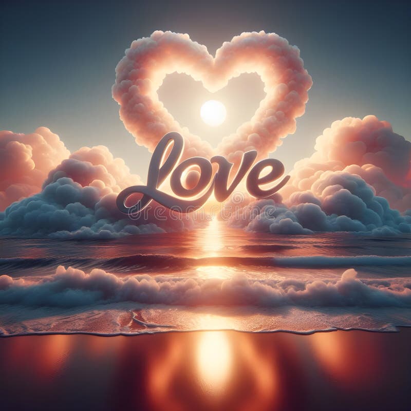 A Love Message Written among White Heart Clouds Set on a Calm Seashore ...