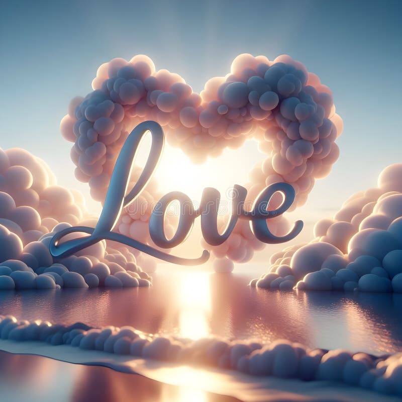 A Love Message Written among White Heart Clouds Set on a Calm Seashore ...