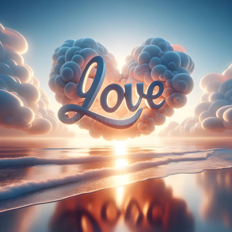 A Love Message Written among White Heart Clouds Set on a Calm Seashore ...