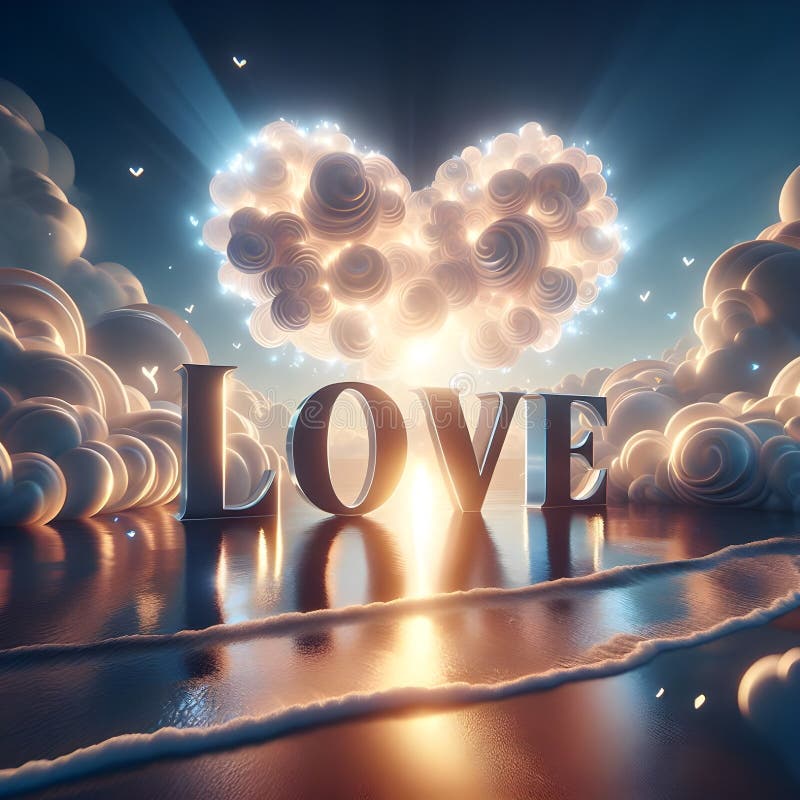 A Love Message Written among White Heart Clouds Set on a Calm Seashore ...
