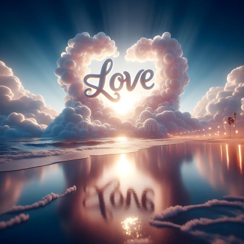 A Love Message Written among White Heart Clouds Set on a Calm Seashore ...