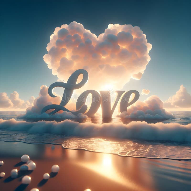 A Love Message Written among White Heart Clouds Set on a Calm Seashore ...