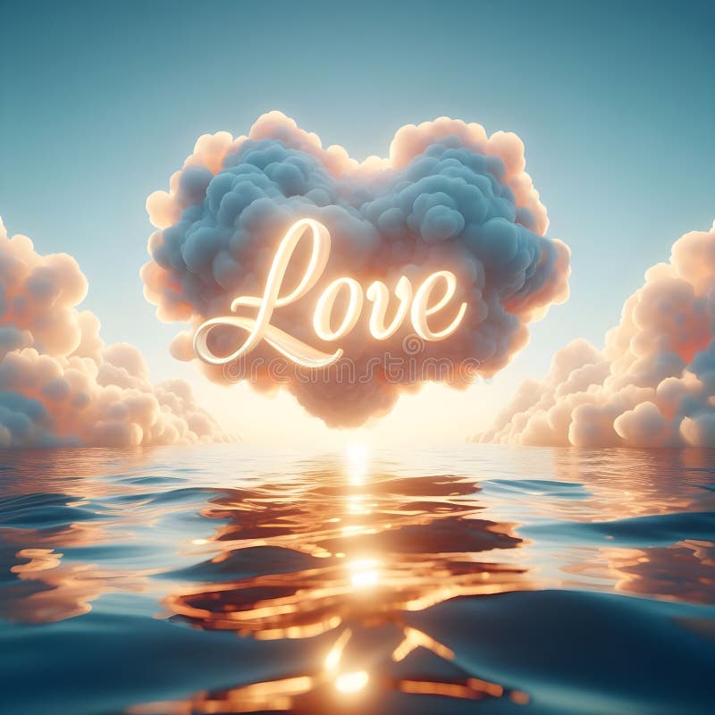 A Love Message Written among White Heart Clouds Set on a Calm Seashore ...