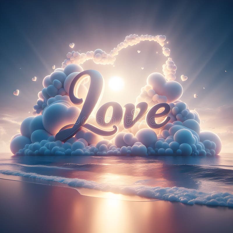 A Love Message Written among White Heart Clouds Set on a Calm Seashore ...