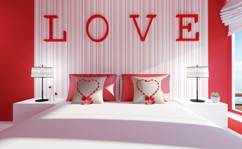 Love-Modern Bedroom Interior for Valentine`s Day Stock Illustration ...