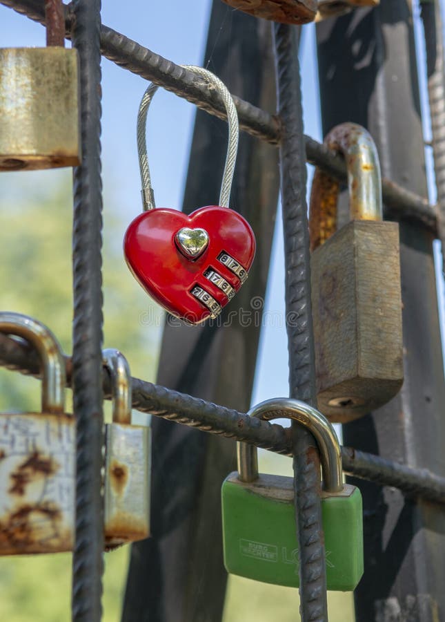 Love Padlocks Representing Ever Lasting Love. Red Heart Love Lock Stock ...