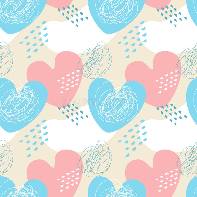 Love Pattern Heart Blue and Pink Colors in Boho Style, Doodle Hand ...