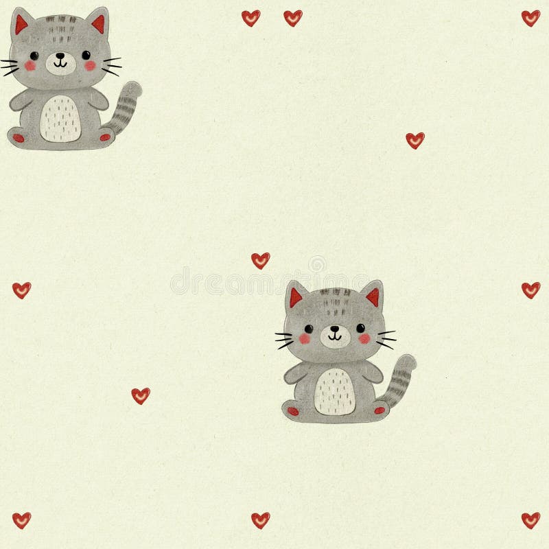 Seamless Watercolor Pattern with Cute Gray Cats and Red Hearts on Light ...