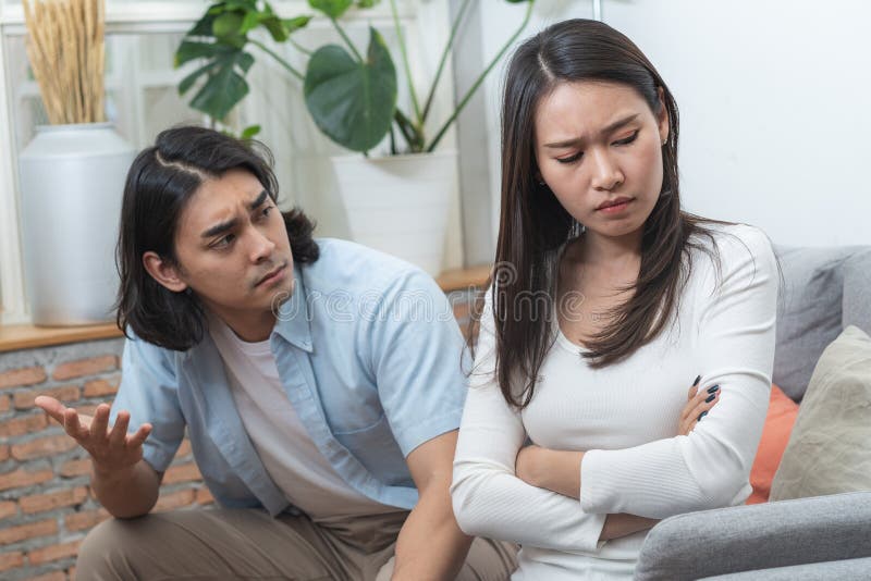 Asian Couple Having Relation Problem. Sadness Wife Stop Husband To Talk ...