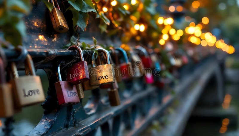 Love Locks on a Bridge at Dusk by AI Generated Stock Illustration ...