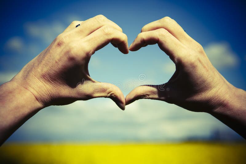 Love Shape Hands - Heart on Yellow Field and Blue Sky Stock Image ...