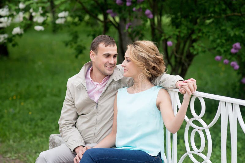 Love Story, Young Couple on Bench. Romance Relationship Stock Image ...